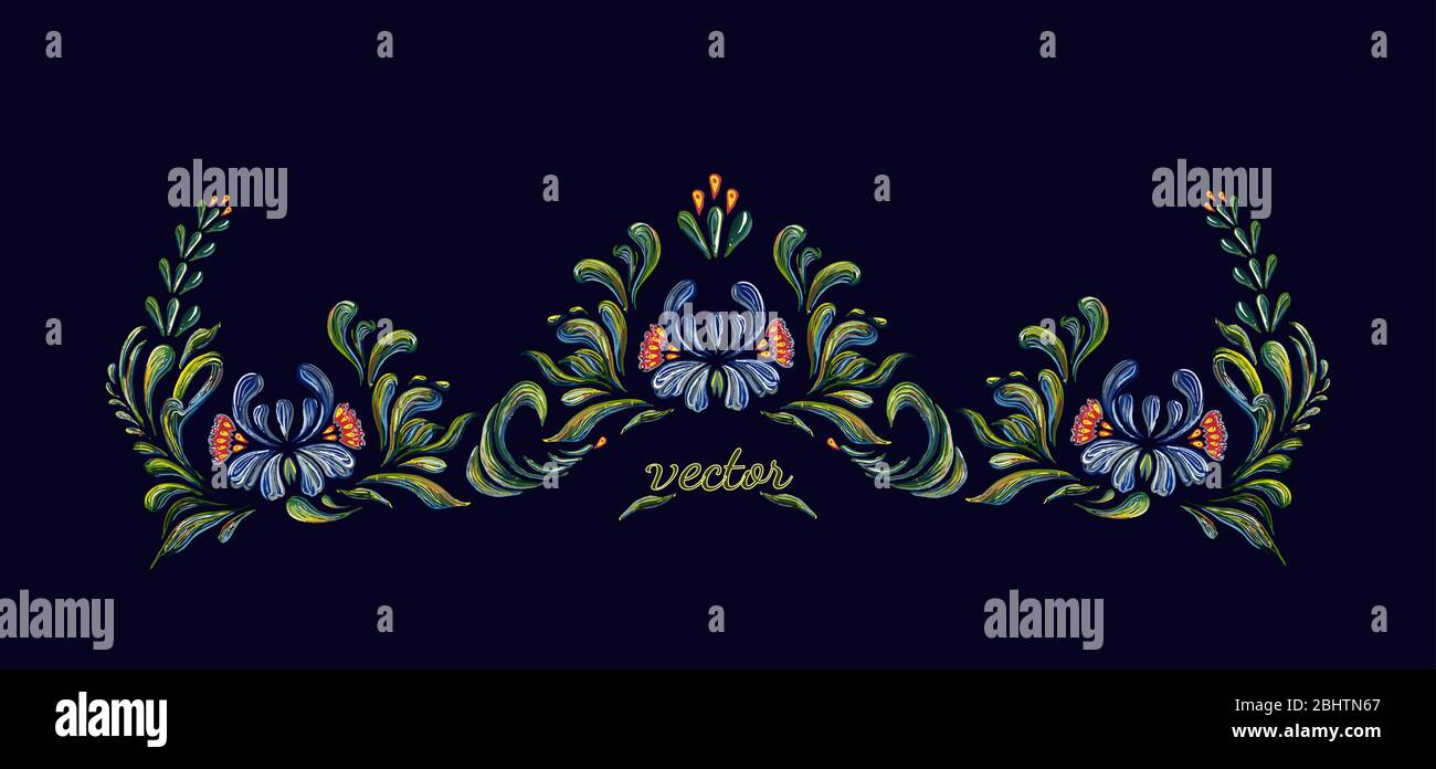 Illustration in folk style. Beautiful border with flowers in vintage ...