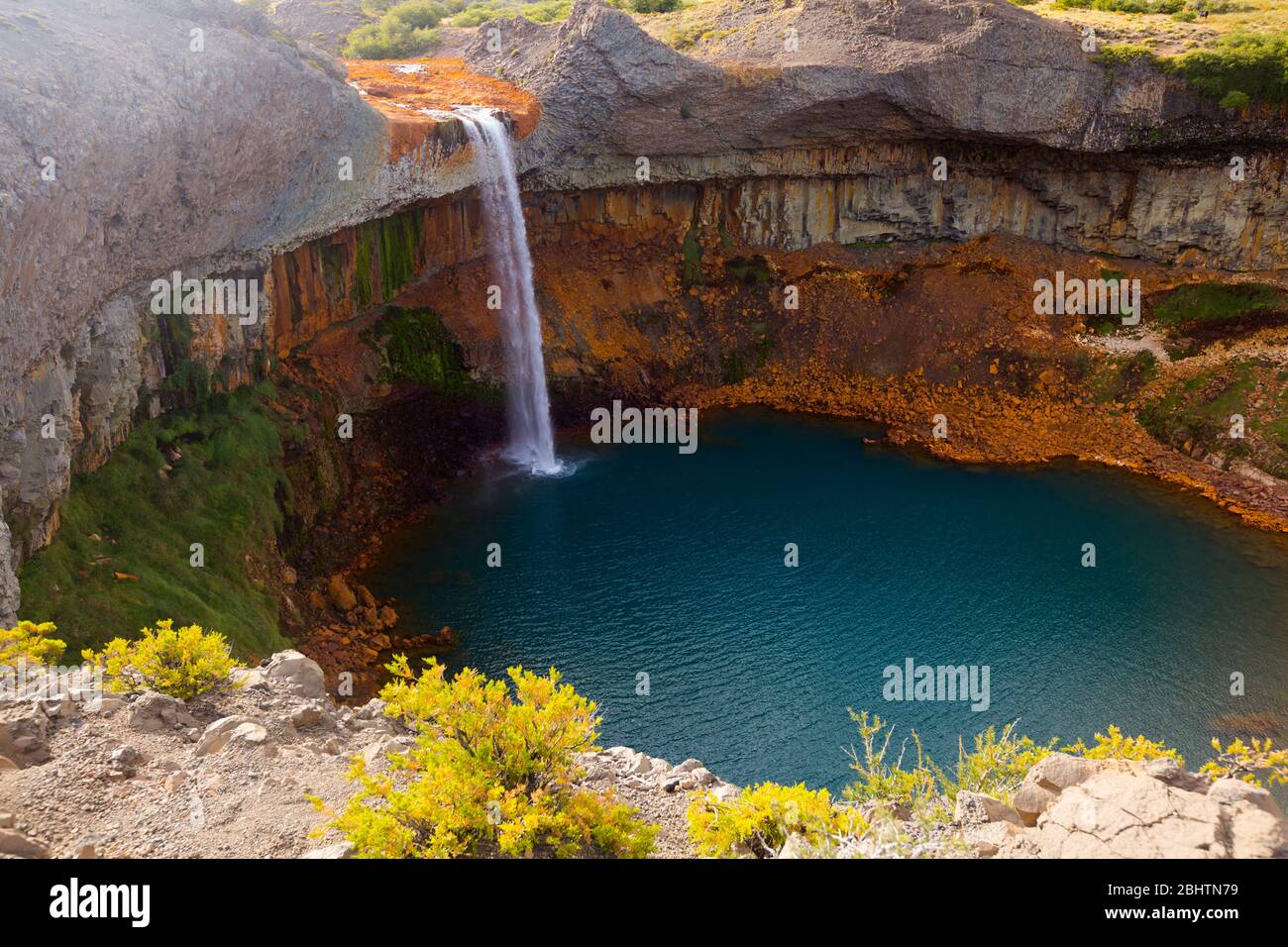 View on waterfall Salto del Agrio and Agrio river valley in Argentina ...