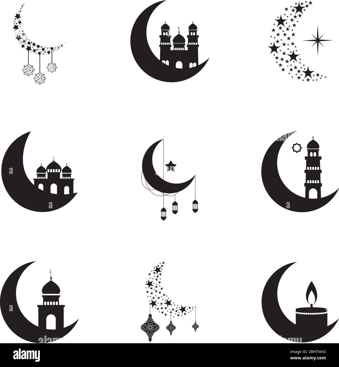 crescent moons and ramadan icon set over white background, line style ...