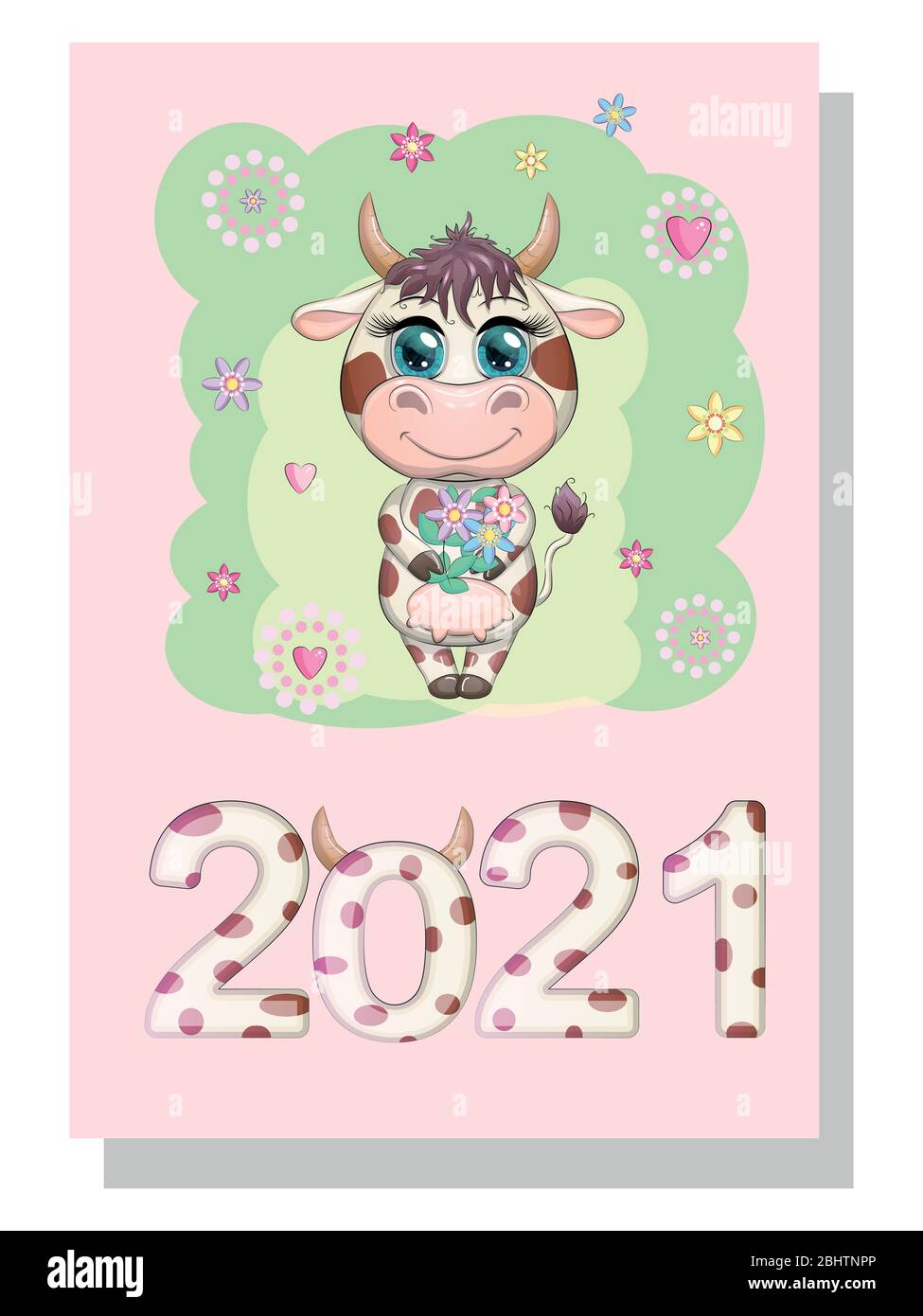 Calendar 2021. Cute bull and cow for every month Stock Vector Image ...