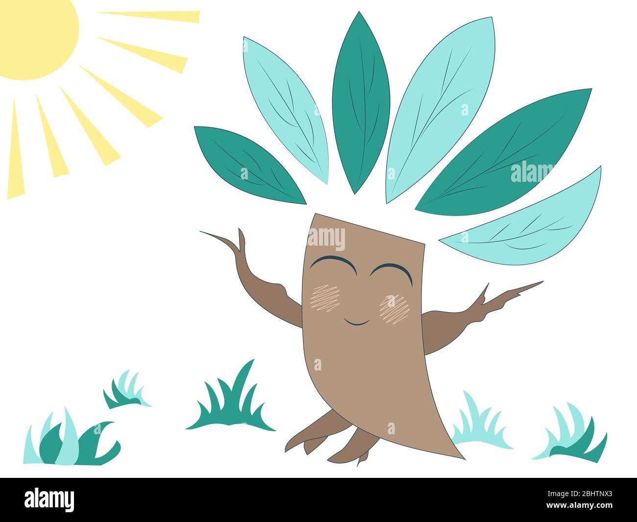 Vector illustration of a drawn tree on which the sun shines ...