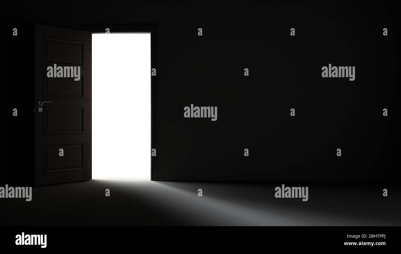 Light entering from black open door to dark room realistic 3D rendering ...
