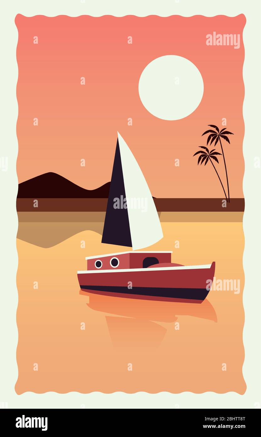 sea scape flat scene with palms and sailboat Stock Vector Image & Art ...