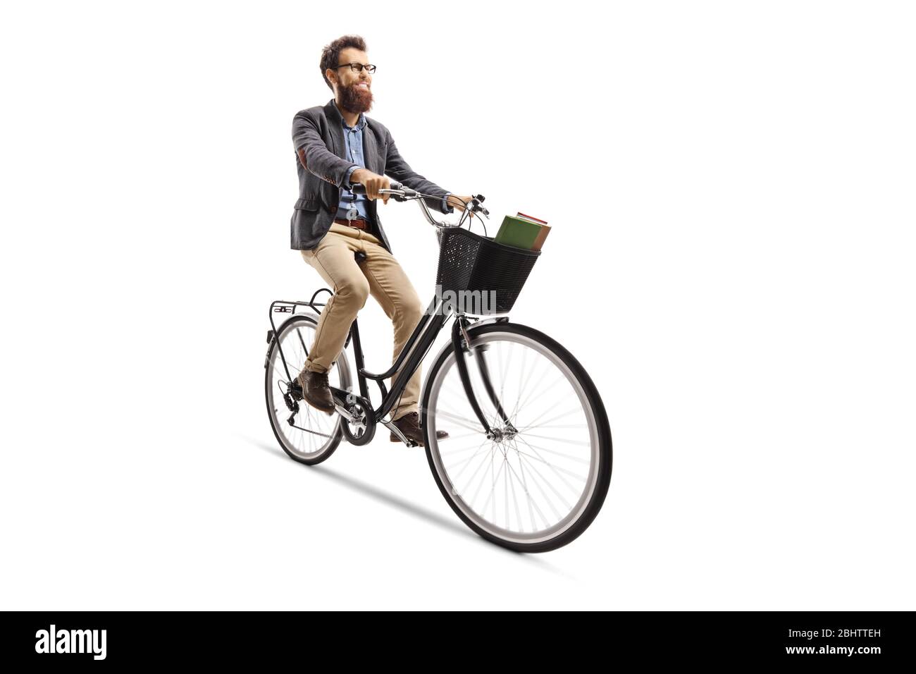 Bearded man riding a bicycle isolated on white background Stock Photo ...