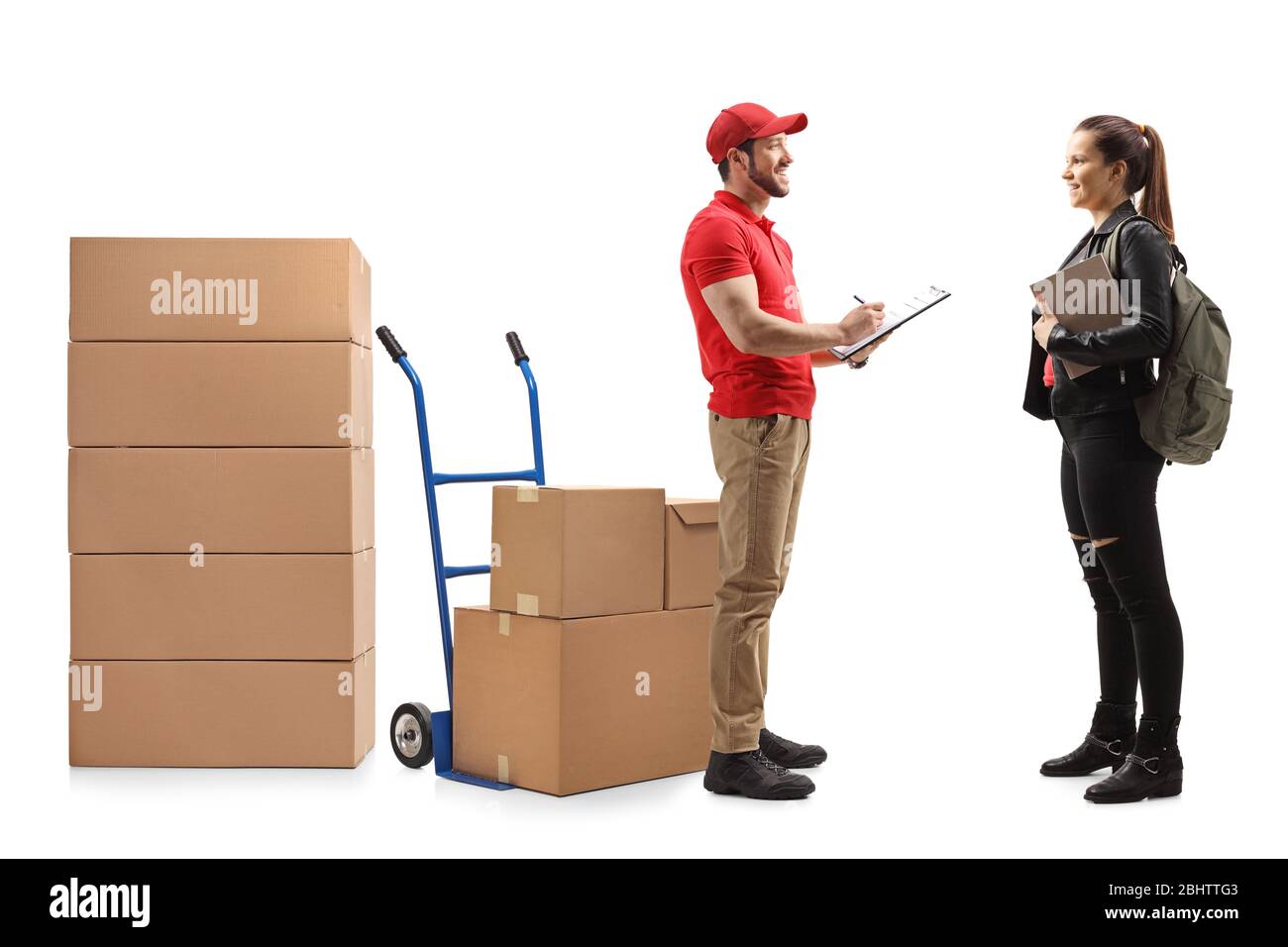 Full length shot of a delivery man delivering boxes to a female student ...