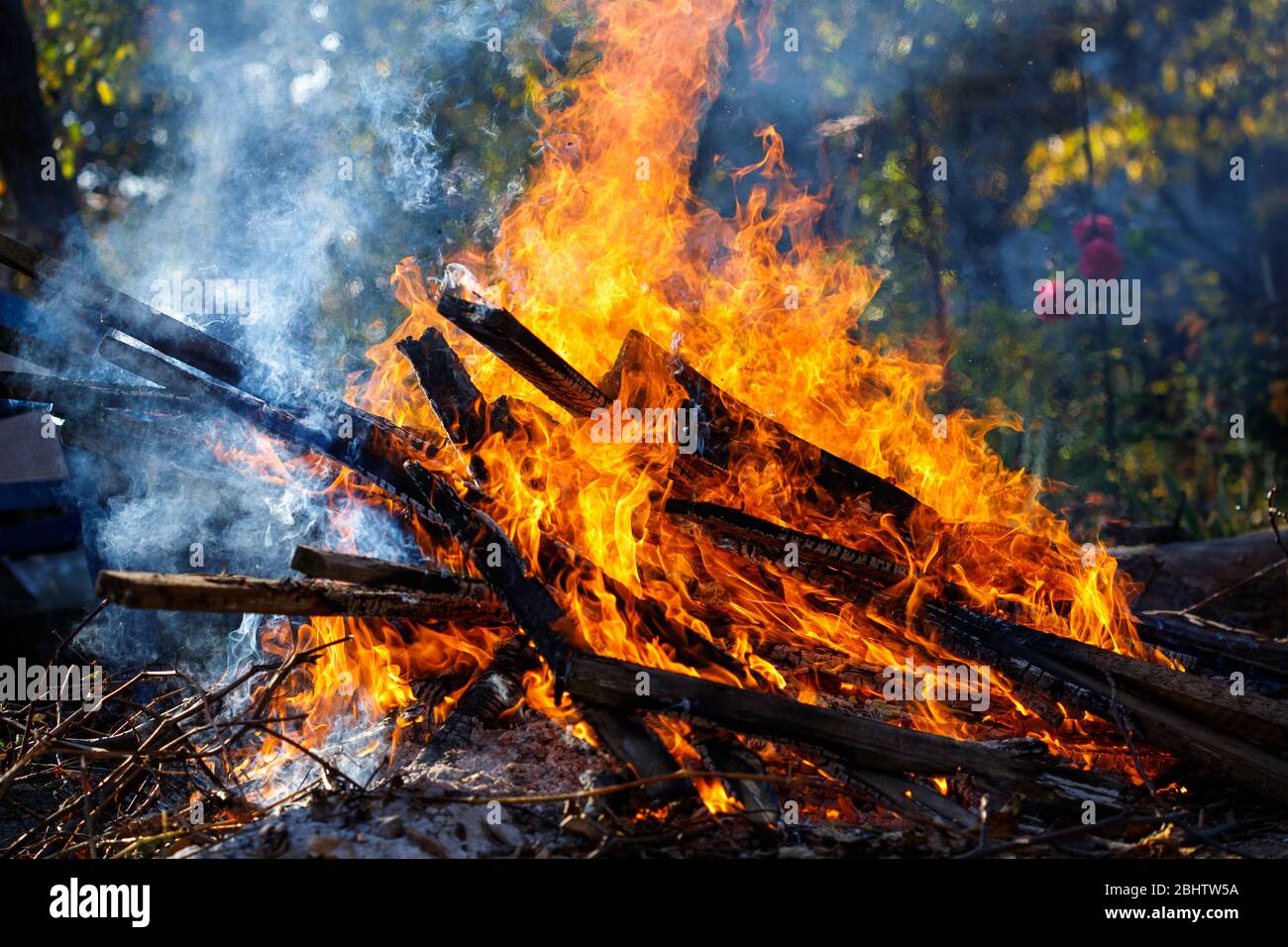 Big bonfire made of boards. Beautiful fire Stock Photo - Alamy