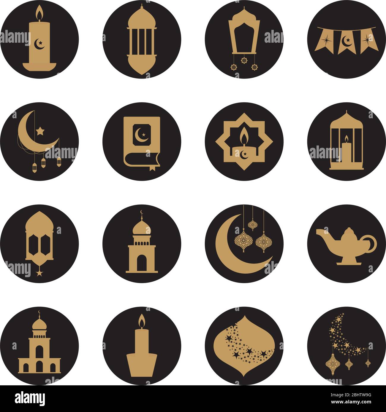 islamic mosque and eid mubarak icon set over white background, block ...
