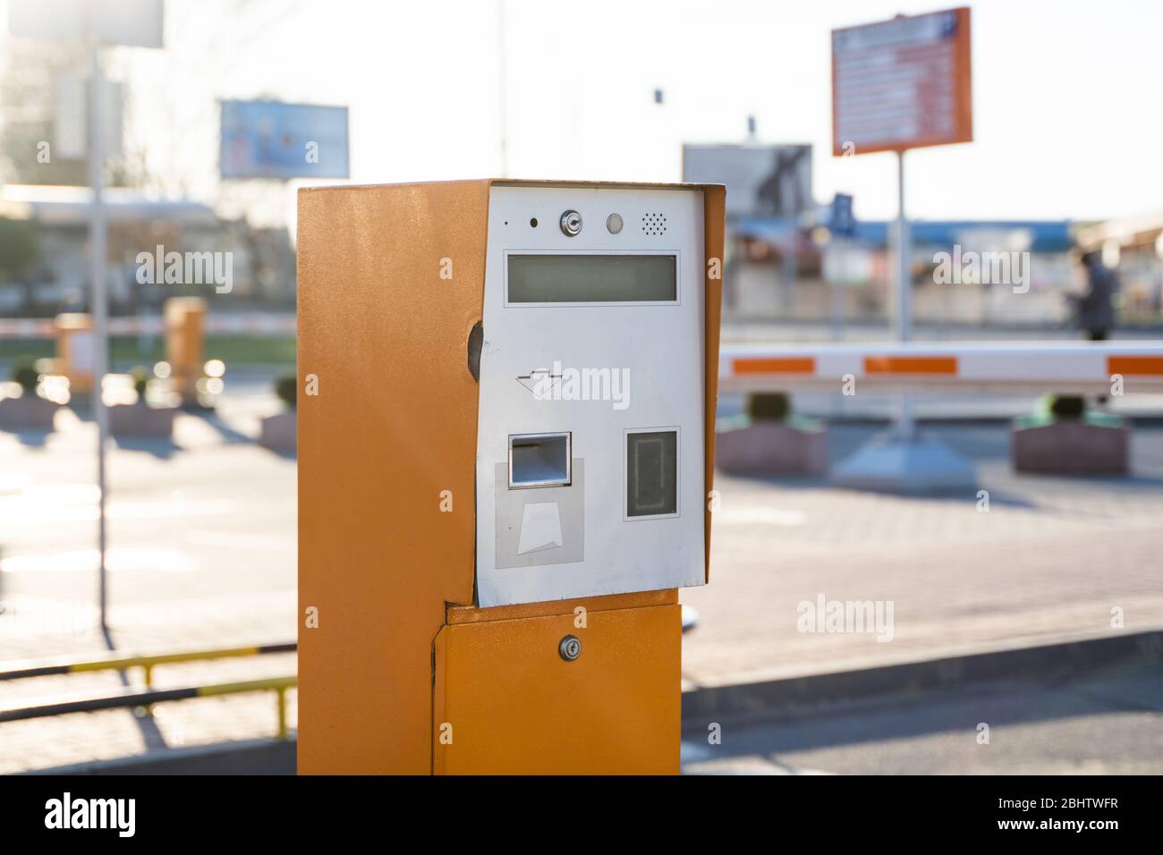 Parking tickets machine on a exit from a parking area Stock Photo - Alamy