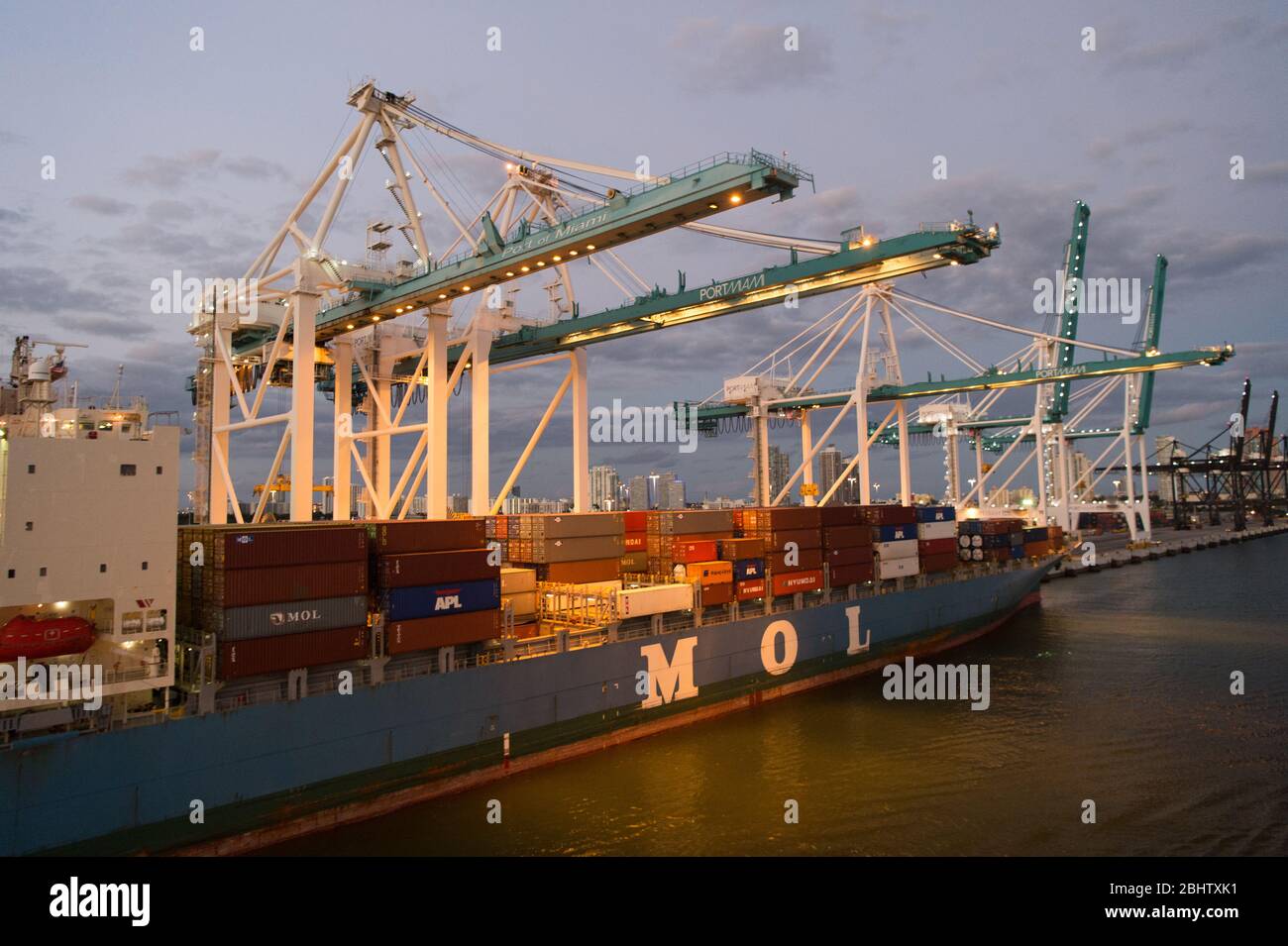 Miami, USA - March 01, 2016: MOL vessel in evening port. Container ...