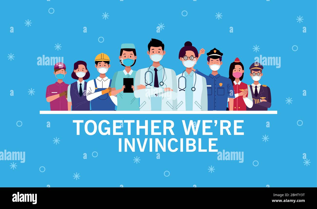 group of workers using face masks and together we are invincible Stock ...