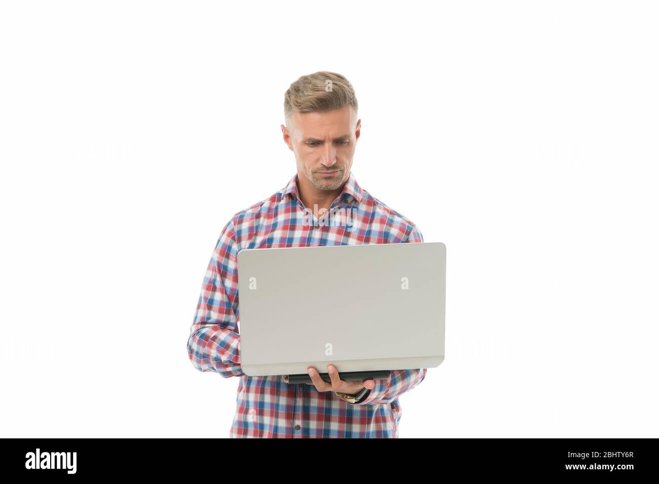 Make new connections with laptop. Handsome man use laptop isolated on ...
