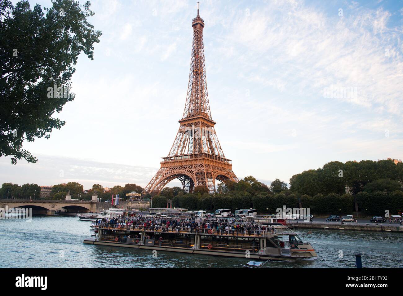 Paris, France - September 29, 2017: boat trip on Seine river. Eiffel ...