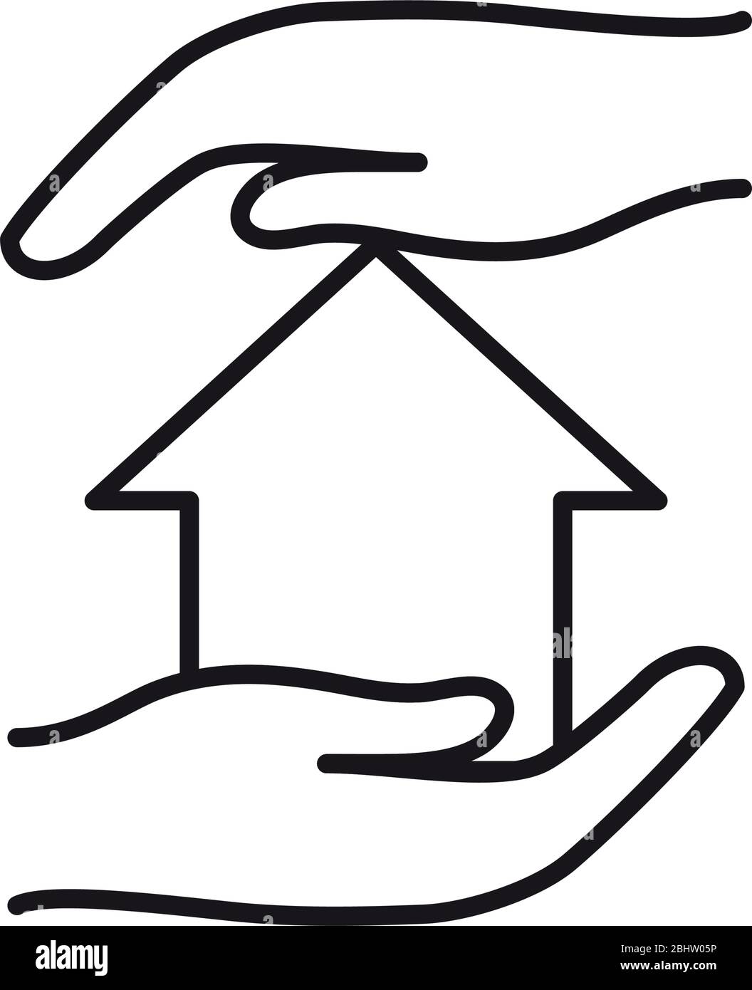 stay home concept, hands with house icon over white background, line ...