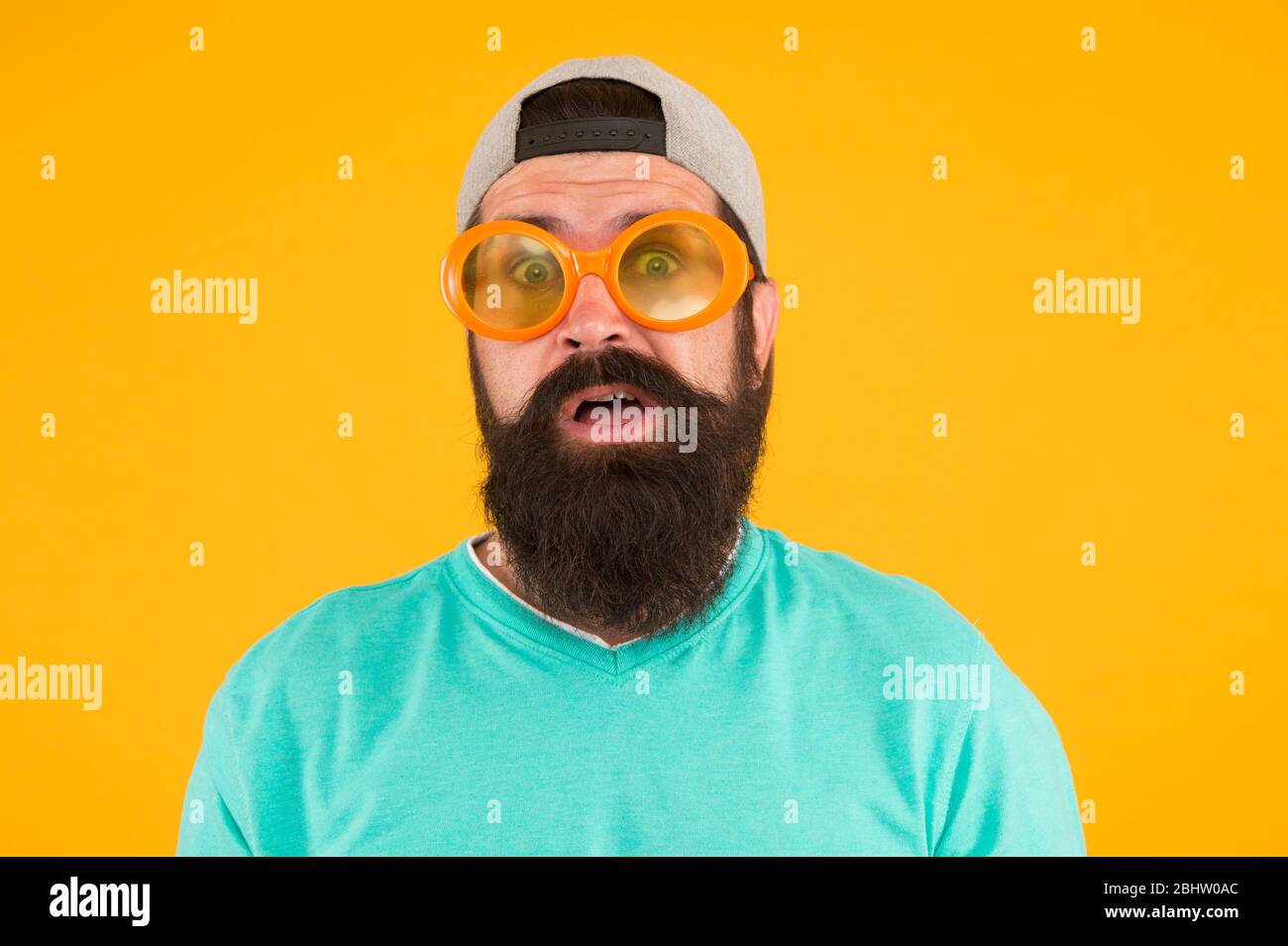 real surprise. freaky man with beard and moustache. man in funny ...