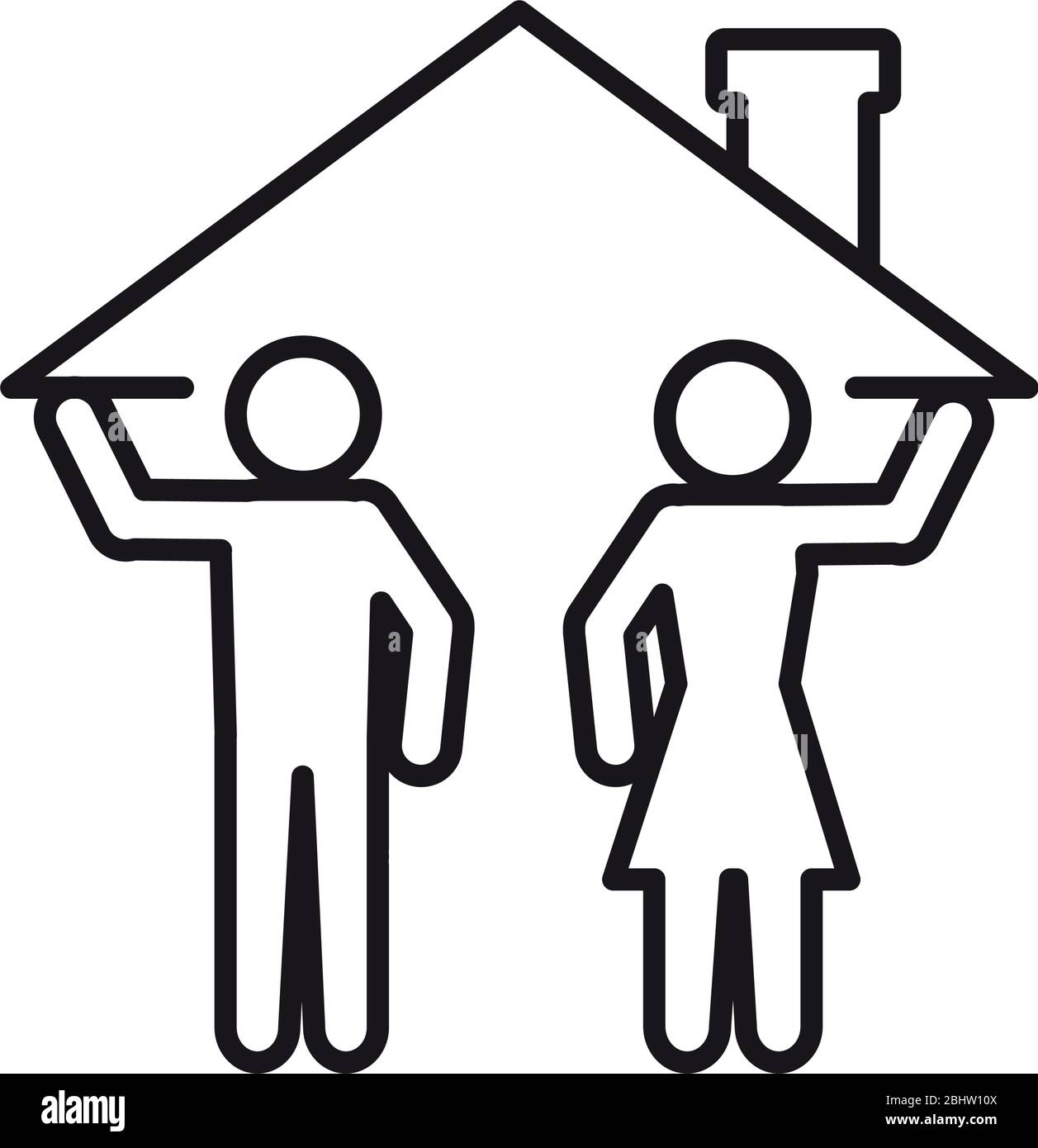 stay home concept, pictogram man and woman holding a house roof icon ...
