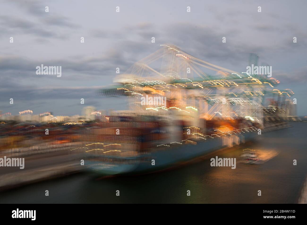 Marine navigation lighting. Defocused image of ship. Cargo ship in port ...
