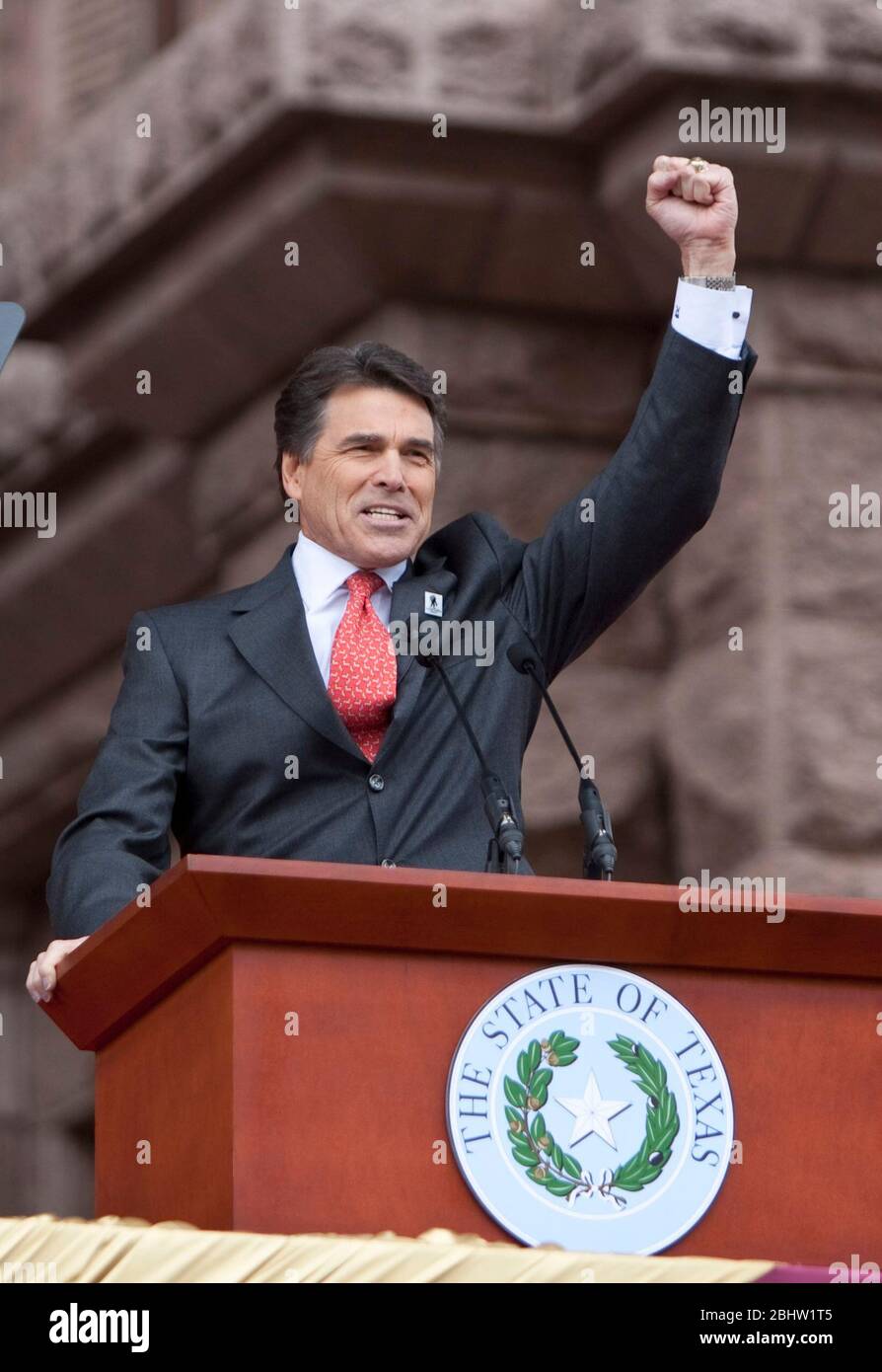 Austin, Texas USA, January 18 2011: Texas Governor Rick Perry raises ...