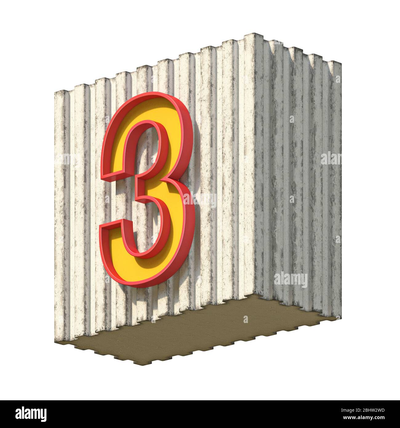 Vintage concrete red yellow Number 3 3D render illustration isolated on ...