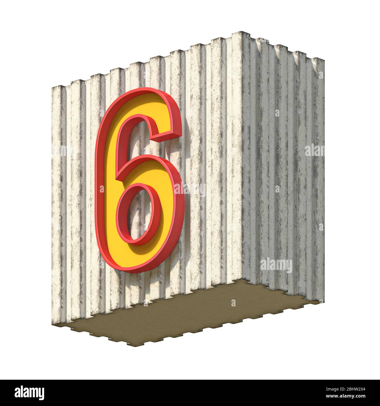 Vintage concrete red yellow Number 6 3D render illustration isolated on ...
