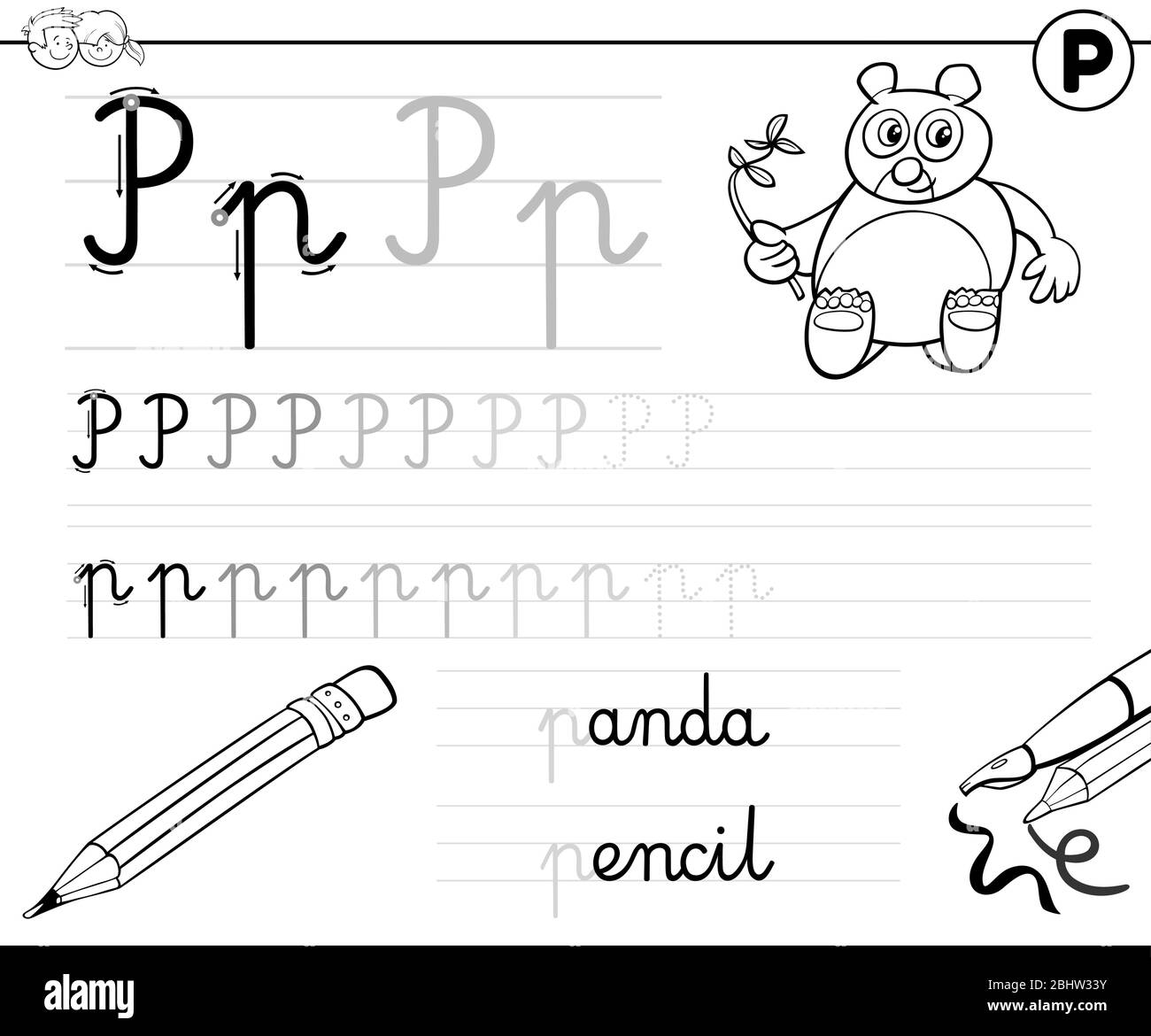 Black and White Cartoon Illustration of Writing Skills Practice ...