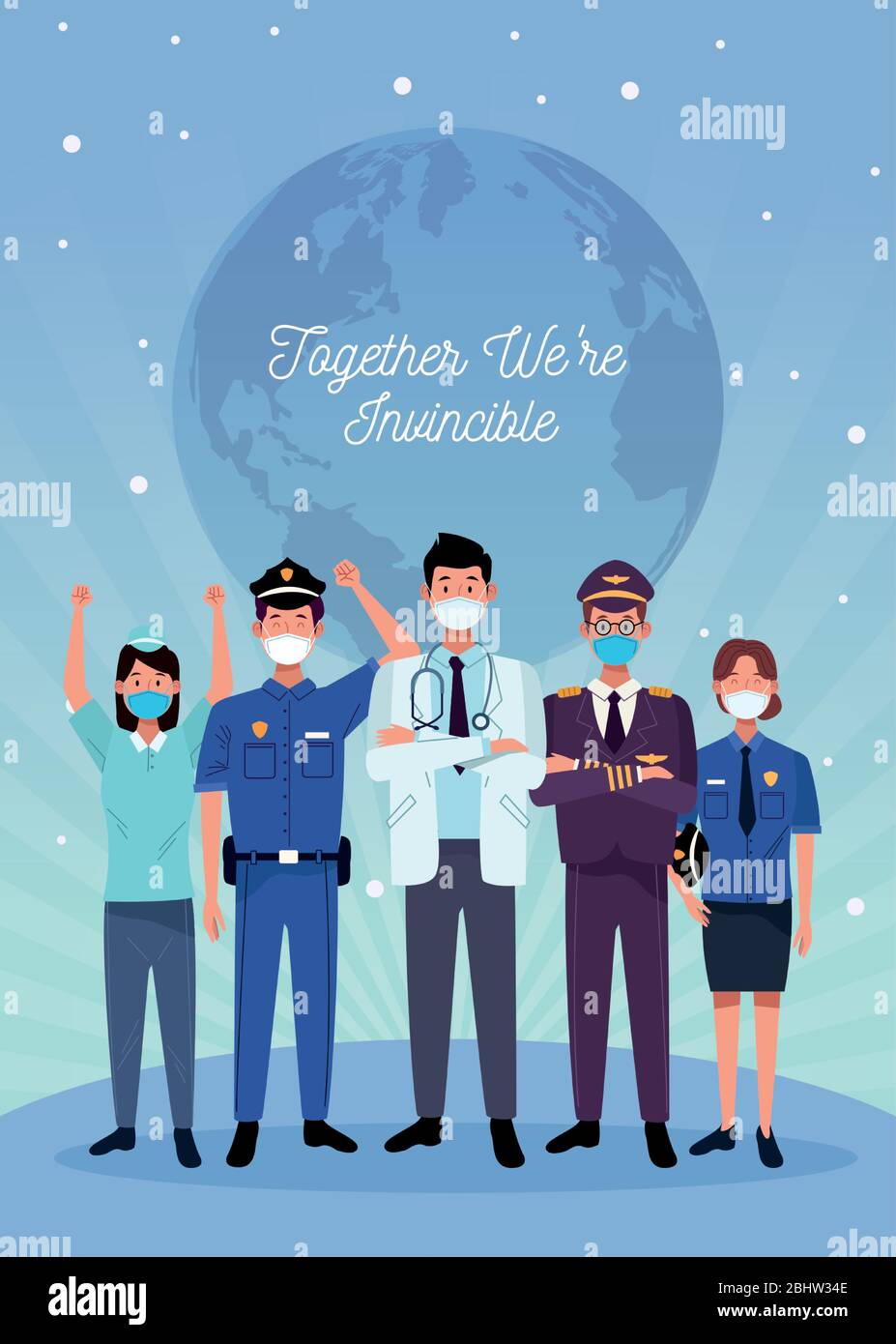 group of workers using face masks and together we are invincible Stock ...