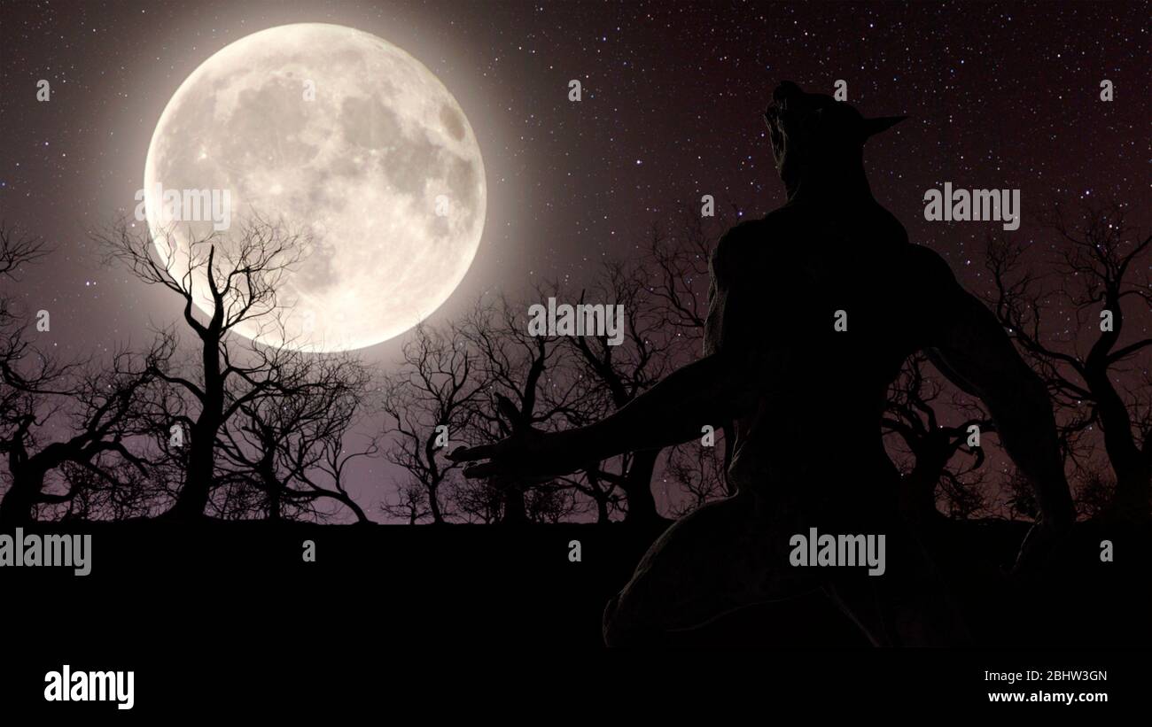 Illustration Of A Werewolf During The Full Moon In The Creepy Forest