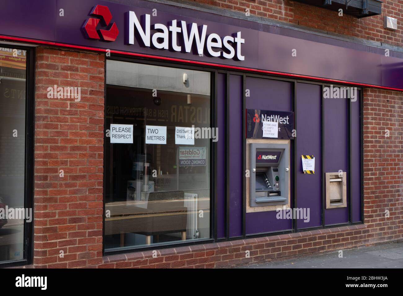 NatWest Bank in Stourbridge High Street, with social distancing posters ...