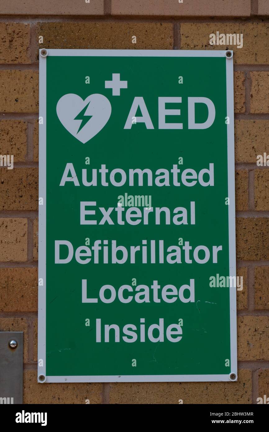 Automated External Defibrillator location sign on building. Stourbridge ...