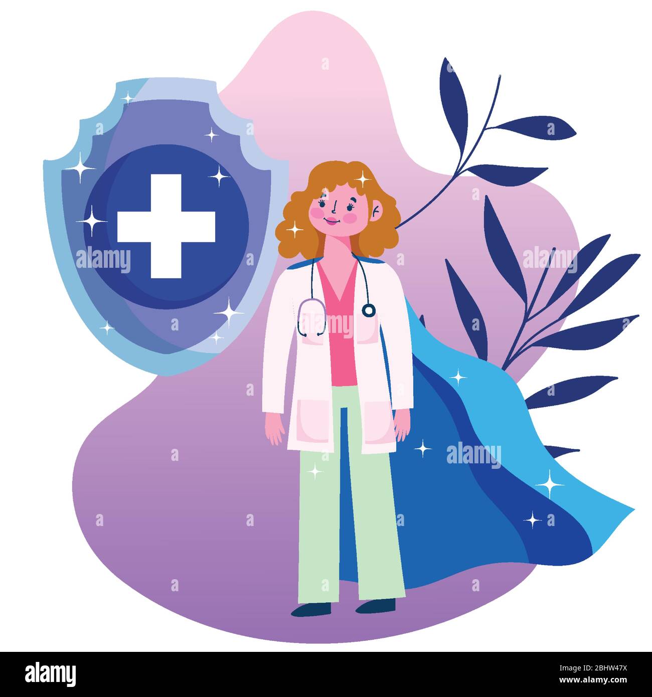 thanks you doctors, female physician with cape hero character shield ...