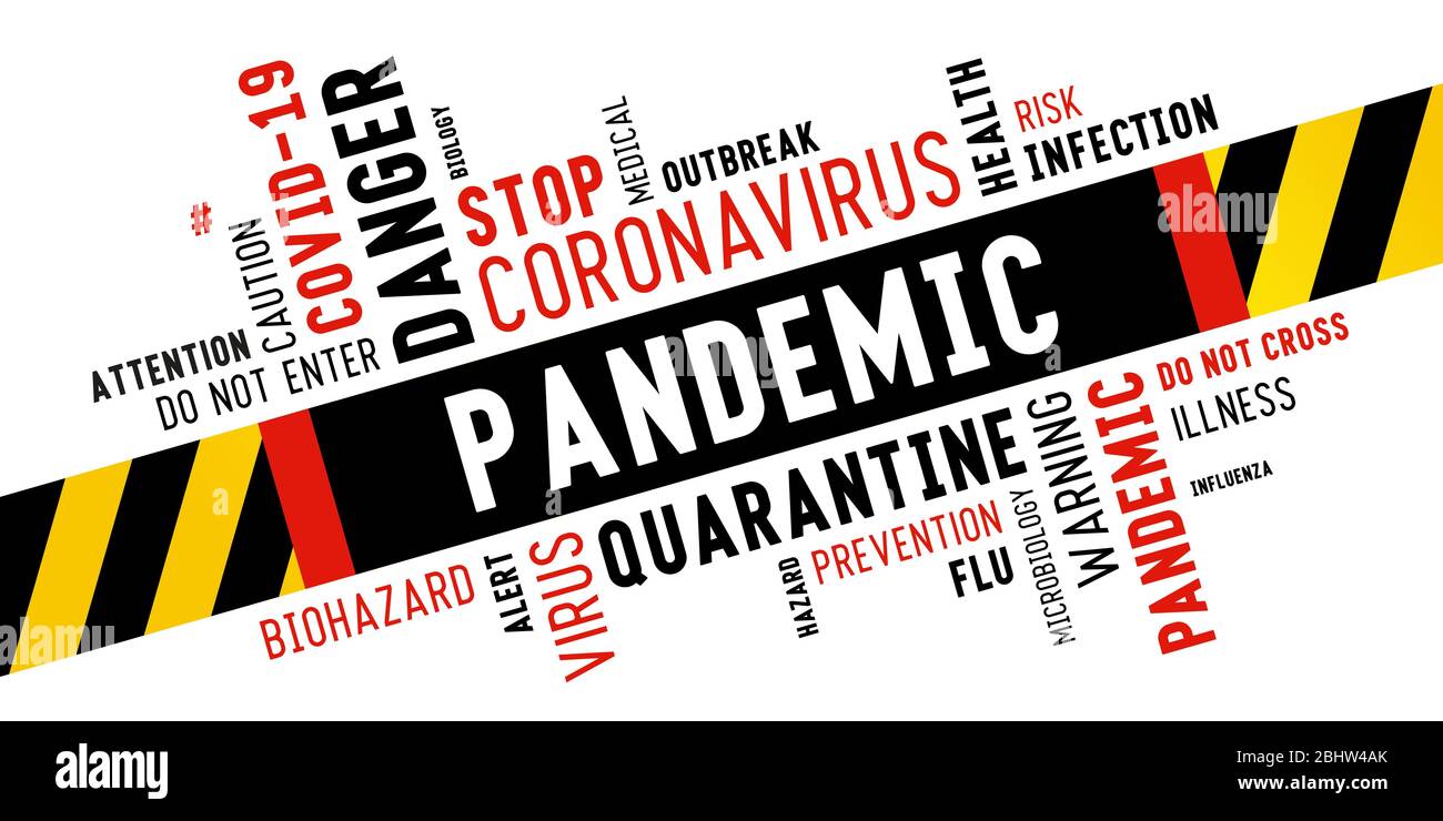 Pandemic word tag cloud lettering typography with warning striped tape ...