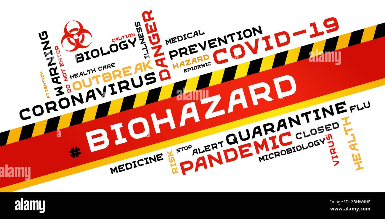 Biohazard word tag cloud lettering typography with warning striped tape ...