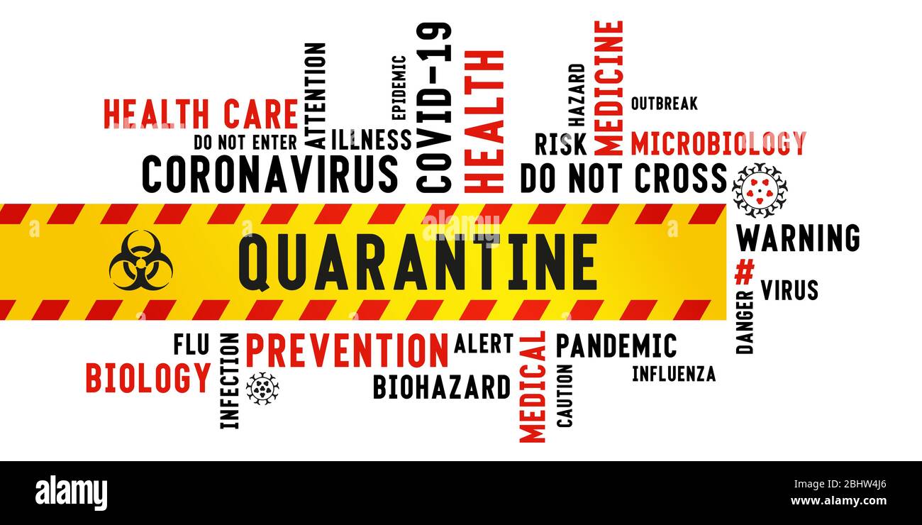 Quarantine word tag cloud lettering typography with warning striped ...