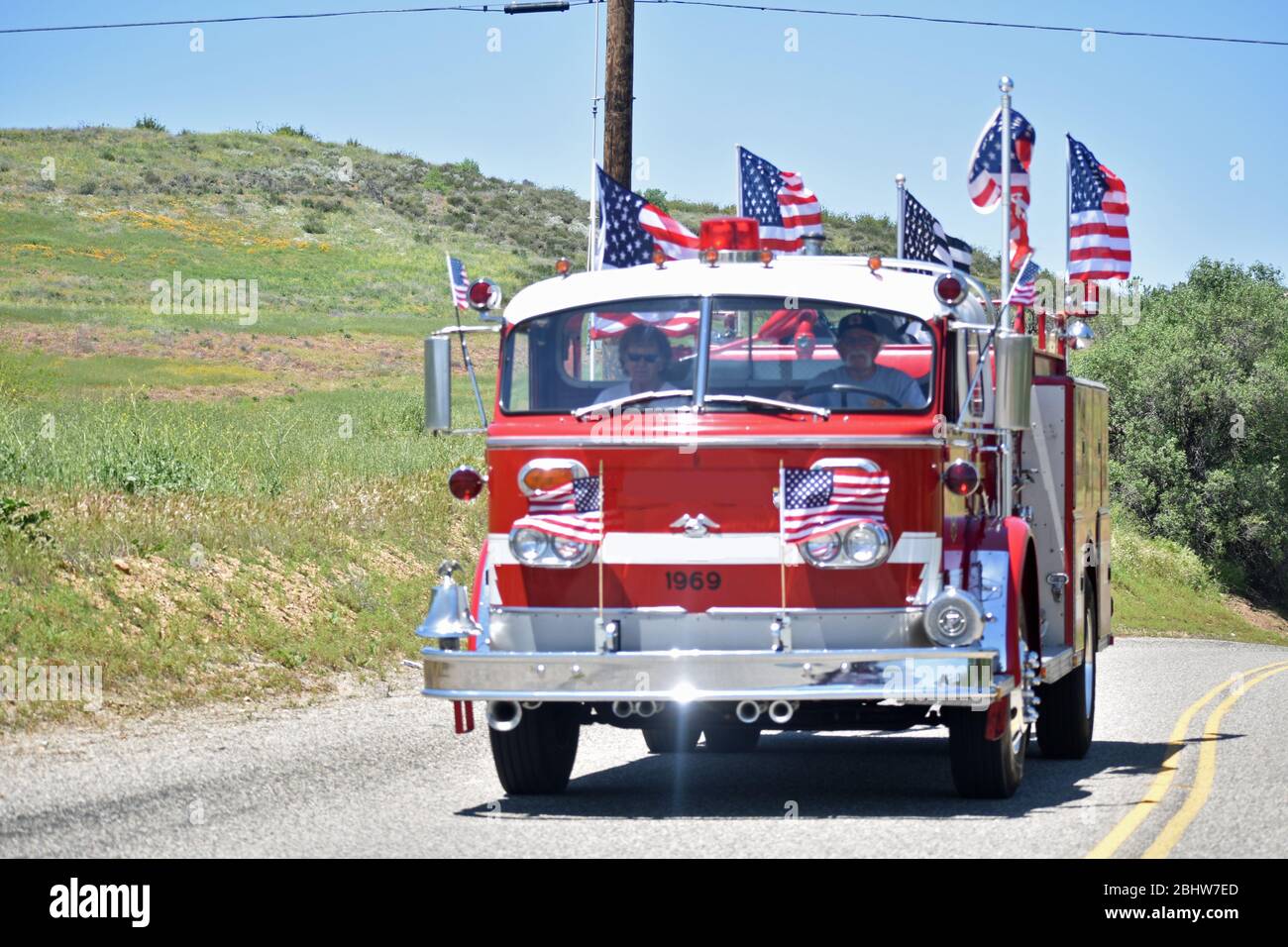 Decorated Fire Truck with American Flags Stock Photo - Alamy
