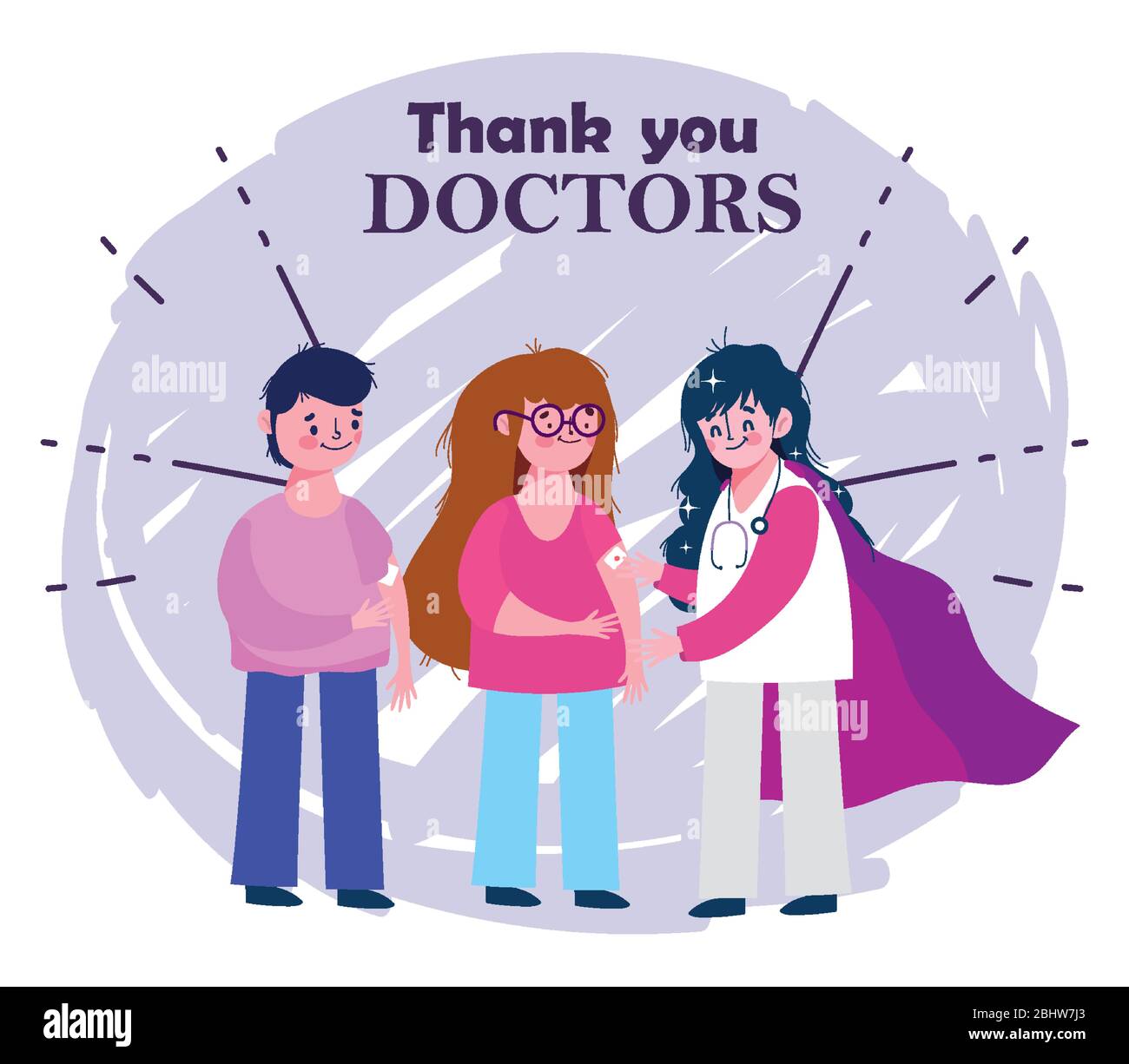 thanks you doctors, nurse with boy and girl vaccination band aid in ...