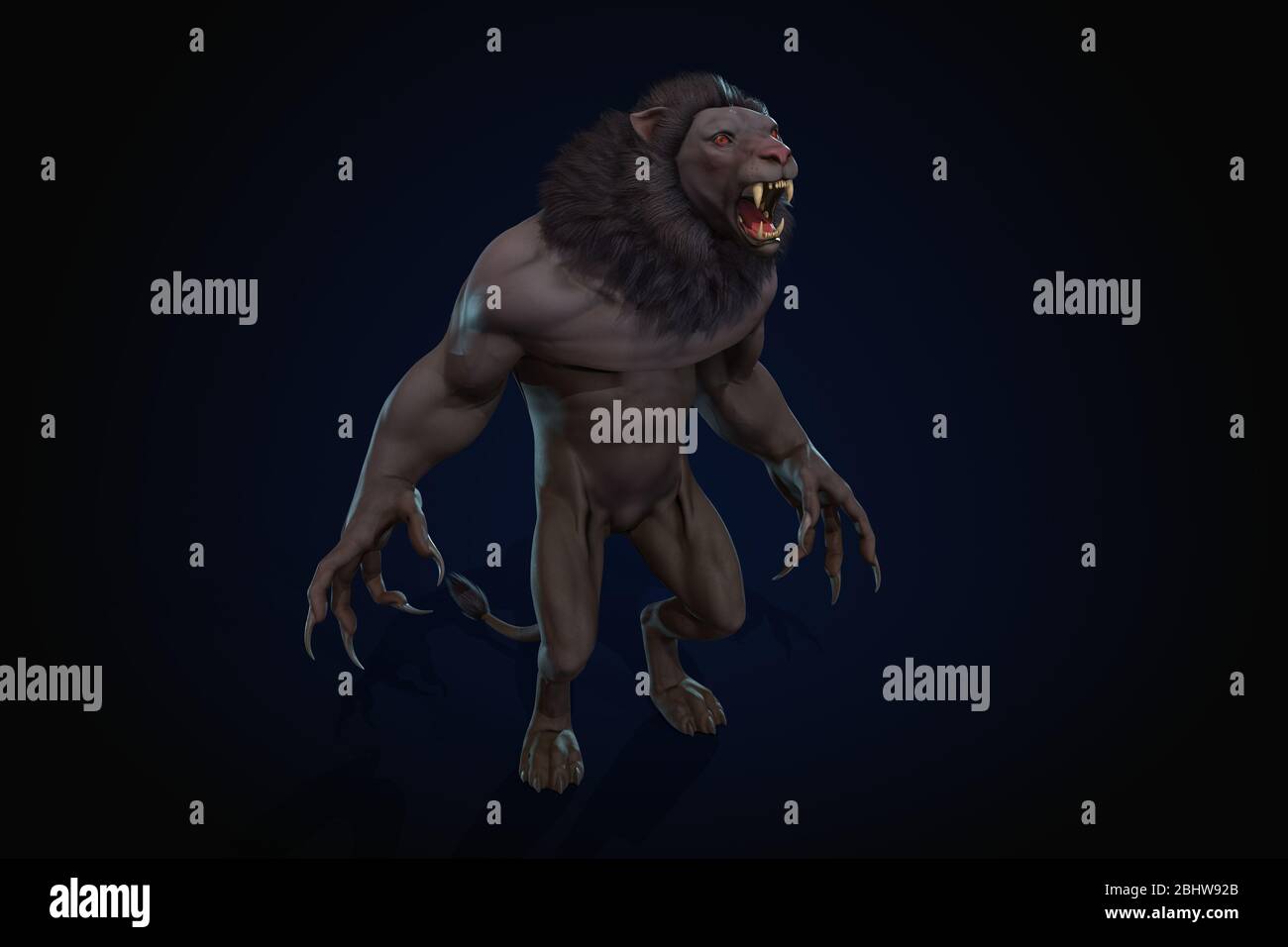 Fantasy character Humanoid Lion in epic pose - 3D render on black ...