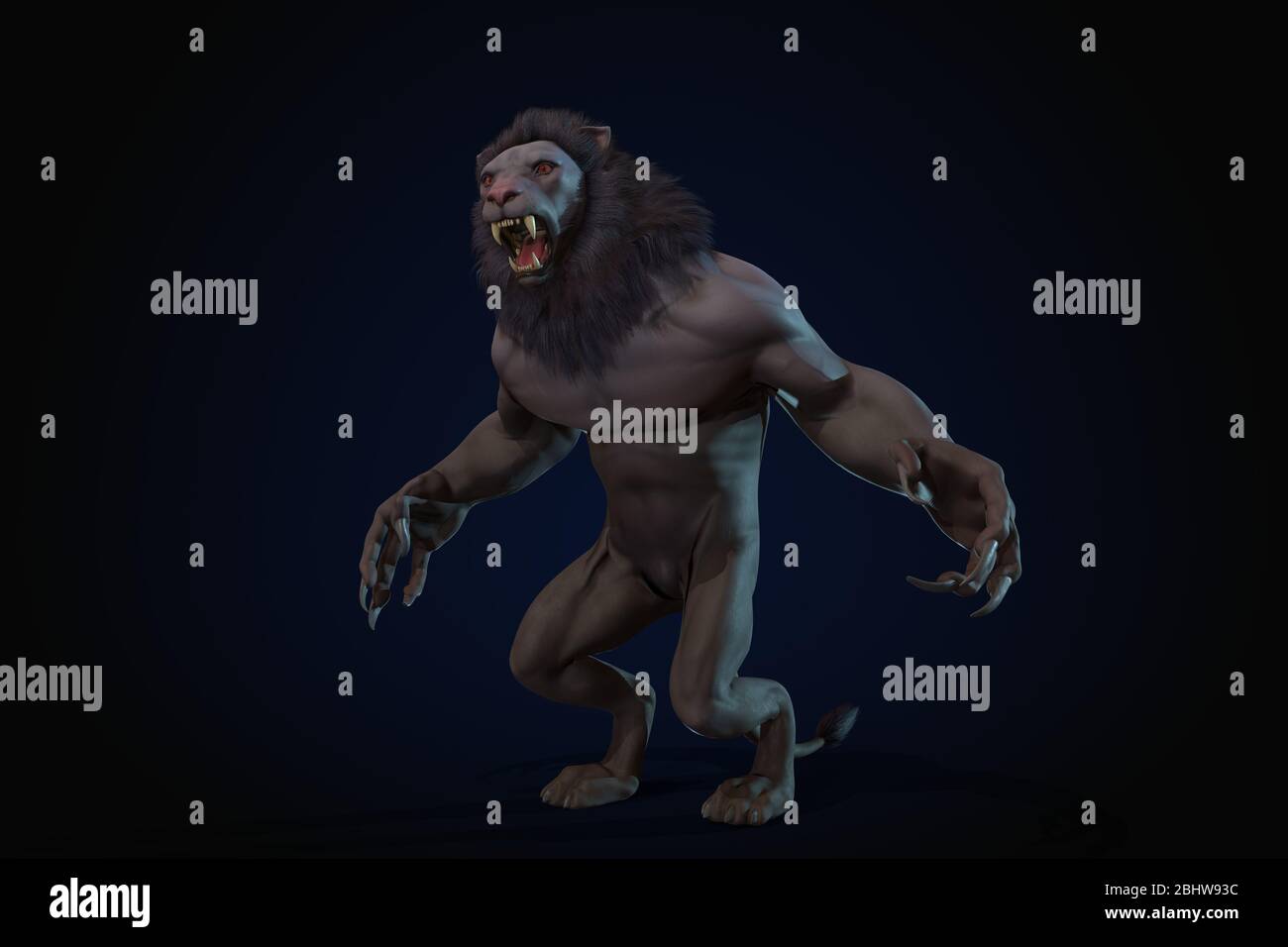 Fantasy character Humanoid Lion in epic pose - 3D render on black ...