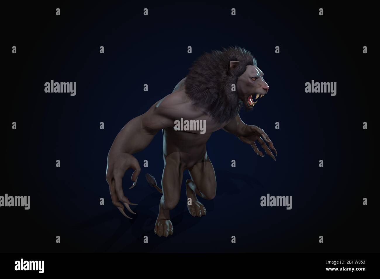 Fantasy character Humanoid Lion in epic pose - 3D render on black ...