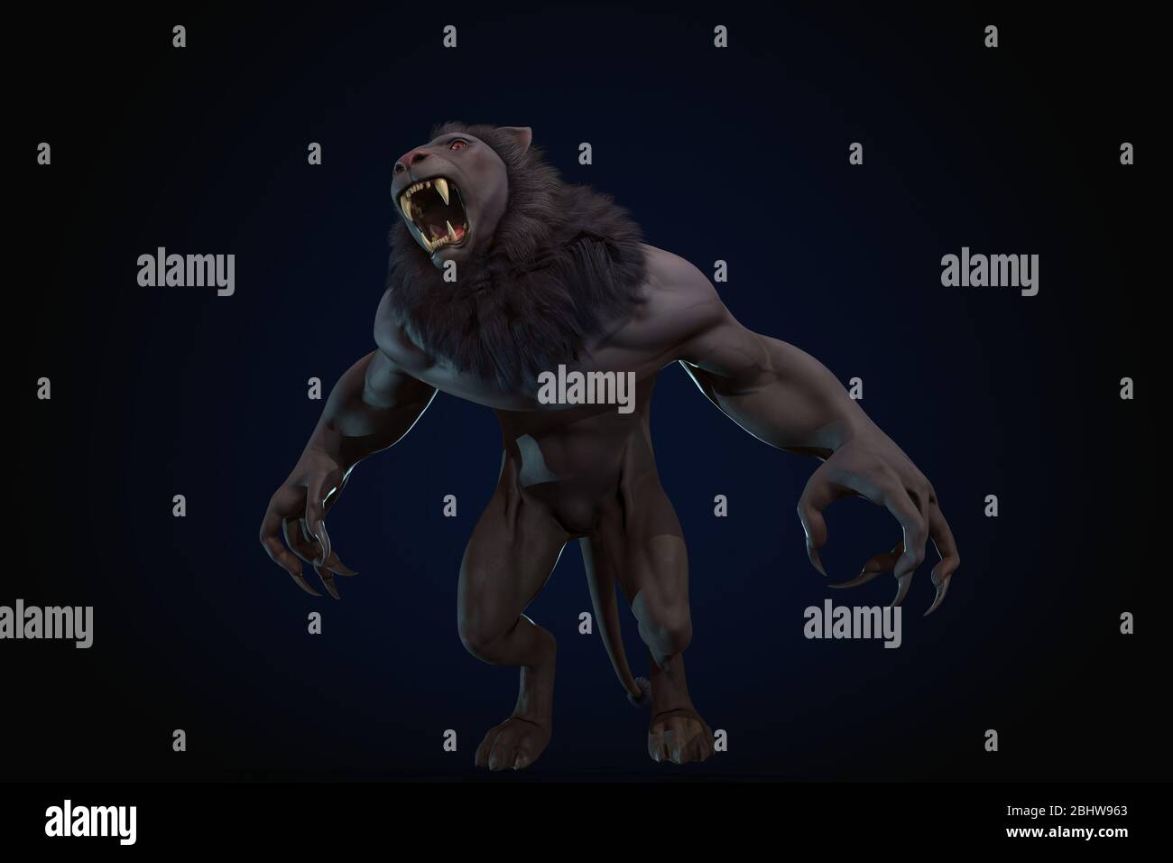 Fantasy character Humanoid Lion in epic pose - 3D render on black ...