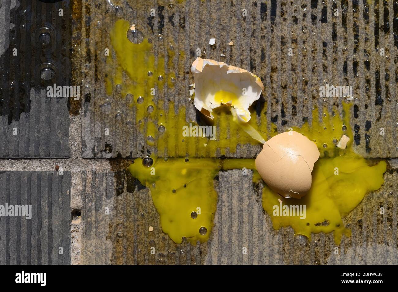 top view broken egg on a concrete floor Stock Photo - Alamy