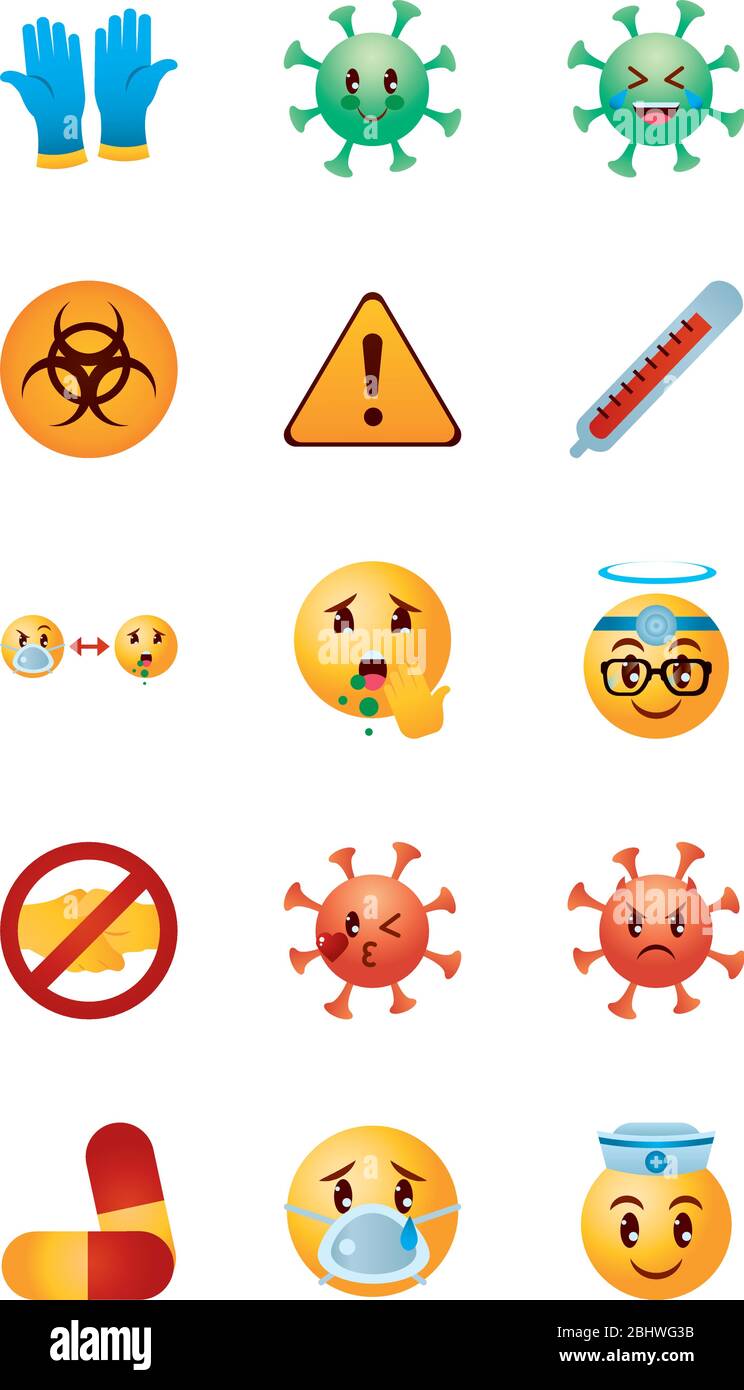 biohazard symbol and emojis coronavirus icon set over white background ...