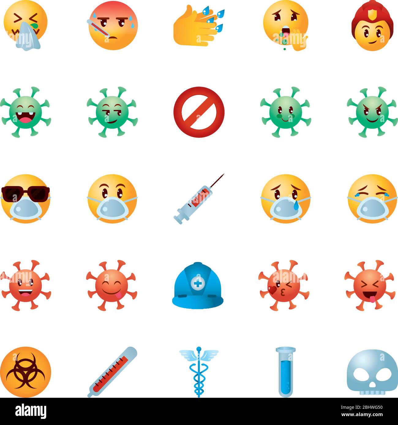 biohazard symbol and emojis coronavirus icon set over white background ...