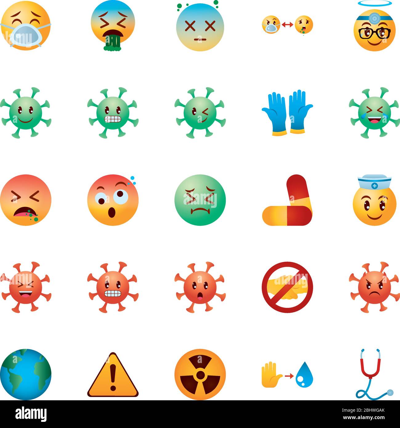 cleaning gloves and emojis coronavirus icon set over white background ...