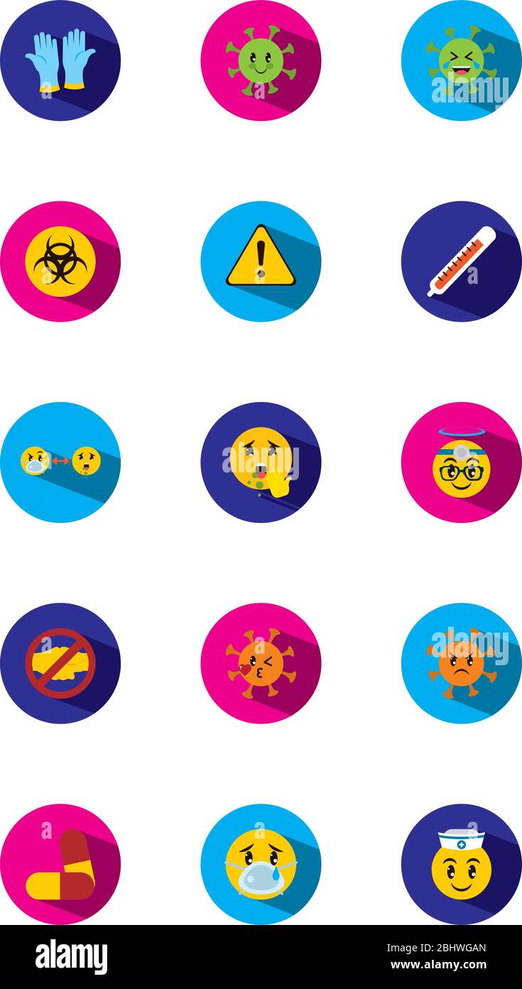 biohazard symbol and emojis coronavirus icon set over white background ...