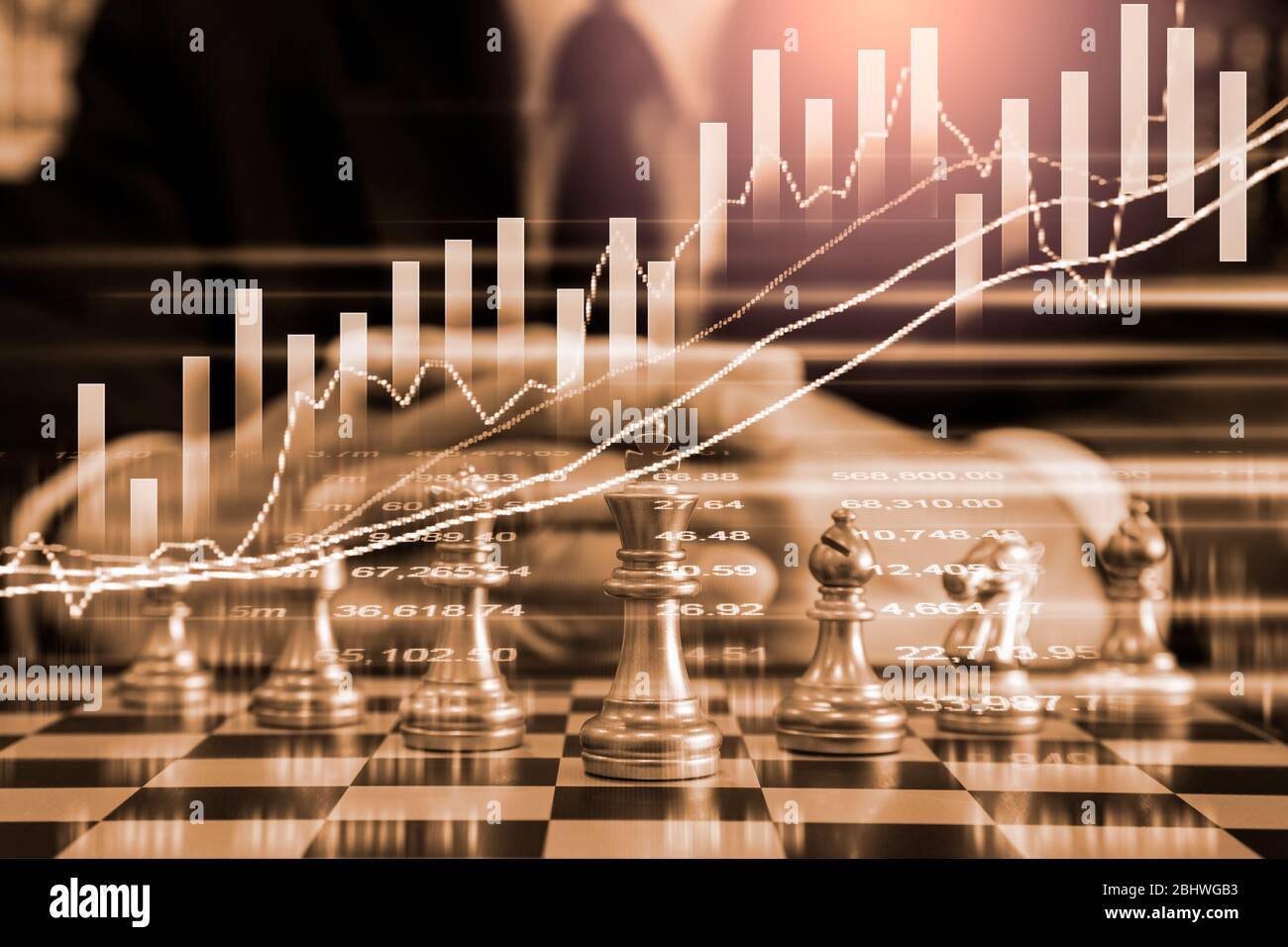 Chess game on chess board on stock market or forex trading graph chart ...