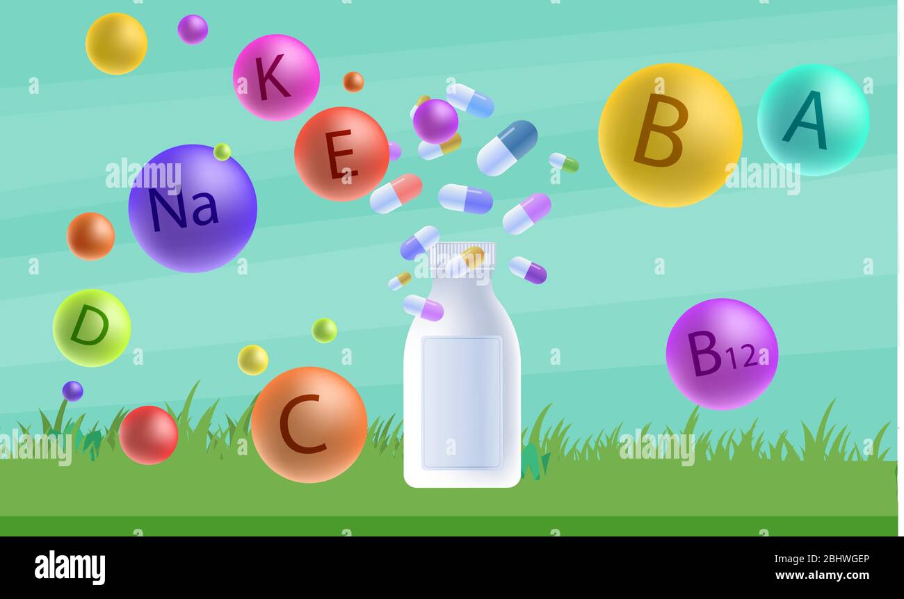 mock up illustration of multi vitamin pills on abstract background ...