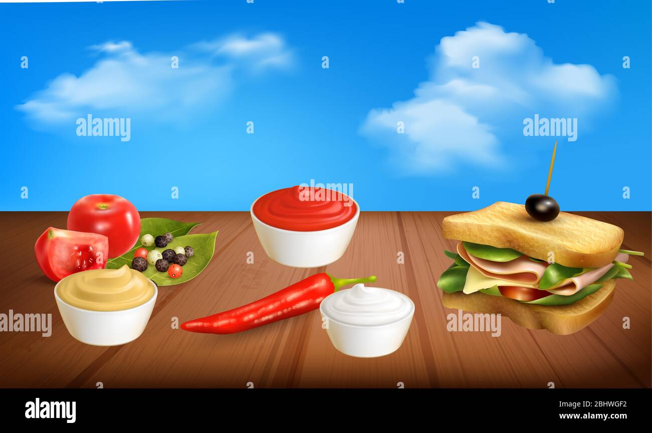 mock up illustration of sandwich and different sauces on abstract ...