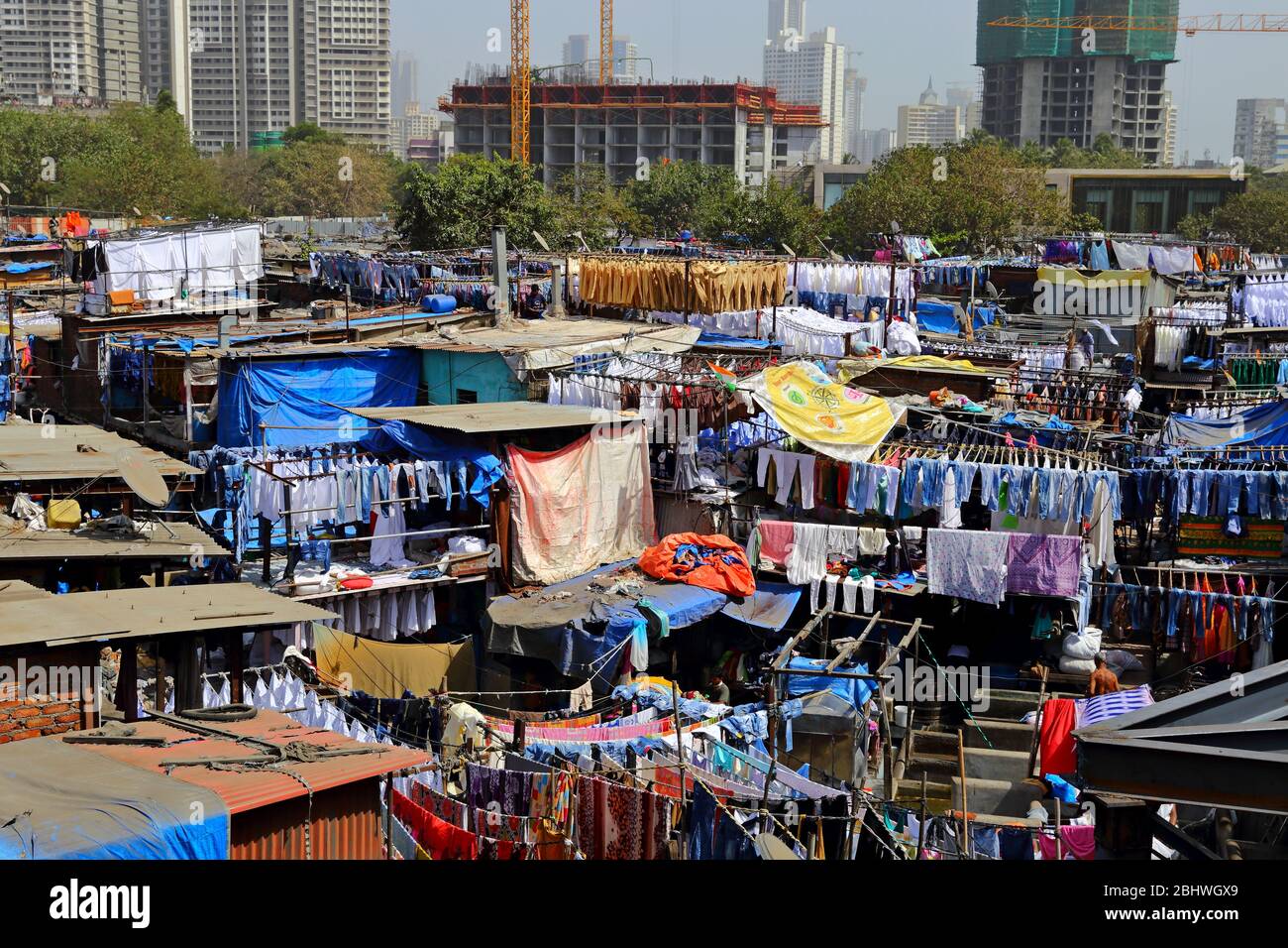 MUMBAI, INDIA - February 7, 2019: Dhobi Ghat open air laundry next to ...