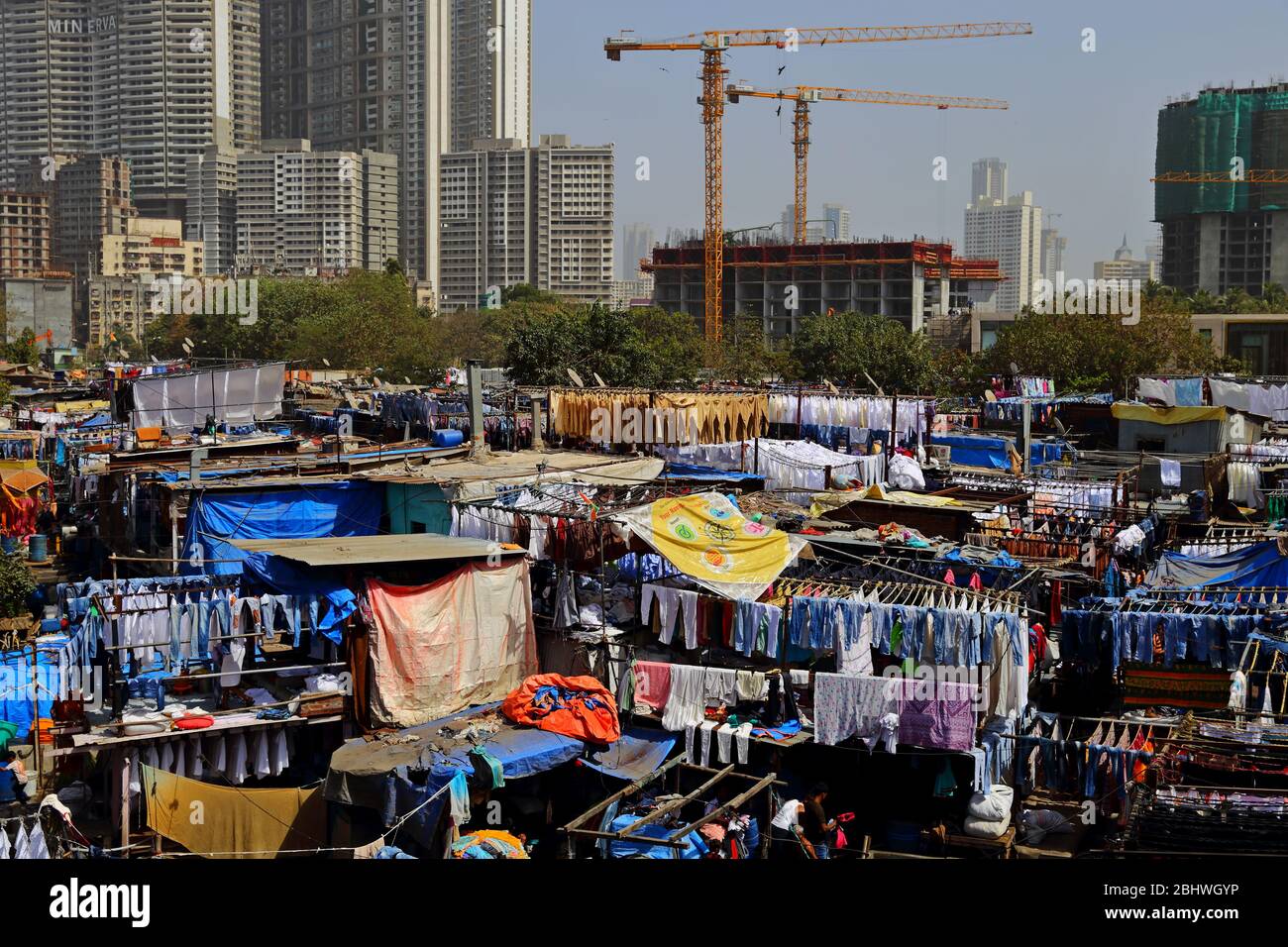 MUMBAI, INDIA - February 7, 2019: Dhobi Ghat open air laundry next to ...