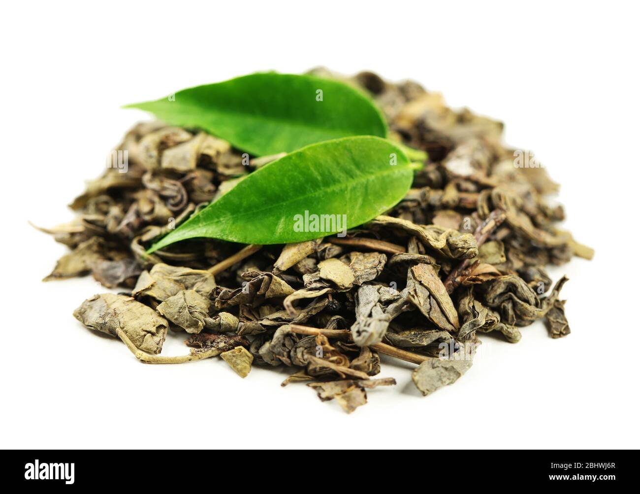 Green tea with leaf isolated on white Stock Photo - Alamy