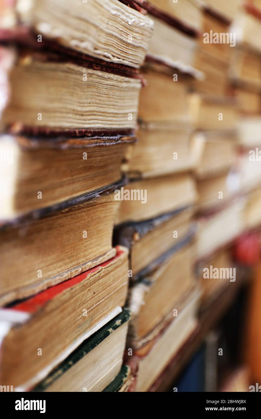 Stack of used old books in the school library hi-res stock photography ...